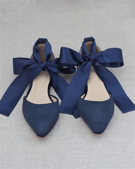 Navy Satin Pointy Toe Flats With Satin Ankle Tie Or Ballerina Lace Up