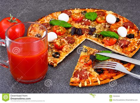 Pepperoni Pizza With Sausage Cheese Mozzarella Olives And Bas Stock