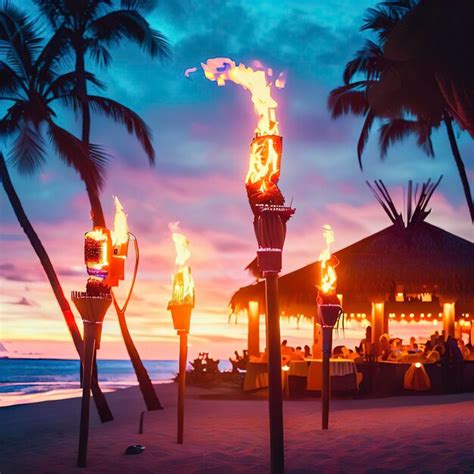Premium Ai Image Hawaii Luau Beach Party At Sunset Hawaiian Tiki Torches Lighted Up With Fire