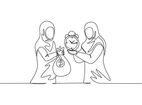 Enkele Doorlopende Lijntekening Twee Jonge Arabische Zakenvrouwen Wisselen Geldzak En Analoge