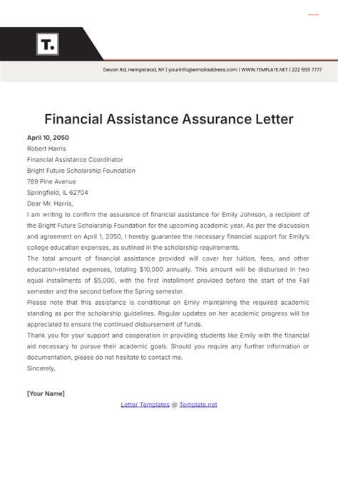 Free Financial Assistance Assurance Letter Template To Edit Online
