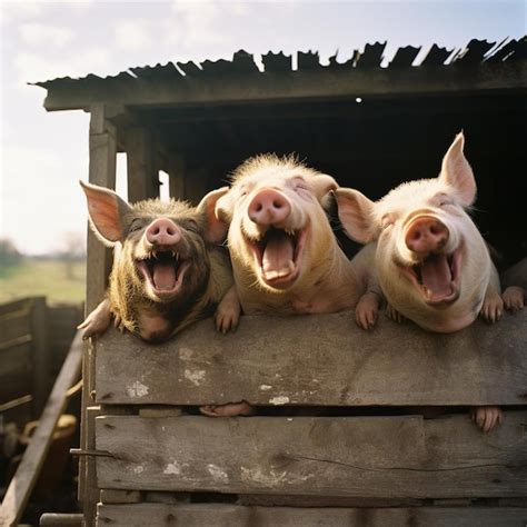 Premium Ai Image Three Pigs Sticking Their Heads Out Of A Wooden Box