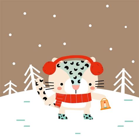 Premium Vector Cute Cartoon Leopard On A Winter Landscape Vector