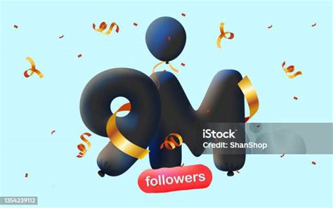 9m 팔로워가 있는 배너는 3d 블랙 풍선과 컬러풀한 색종이형태로 감사합니다 소셜 미디어에 대한 벡터 일러스트 3d 번호 900000 팔로워 감사 구독자를 축하 블로거