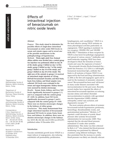 Pdf Effects Of Intravitreal Injection Of Bevacizumab On Nitric Oxide Levels
