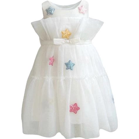 Rainbow Sequin Puff Star Sleeveless Tired Tulle Dress White Lola