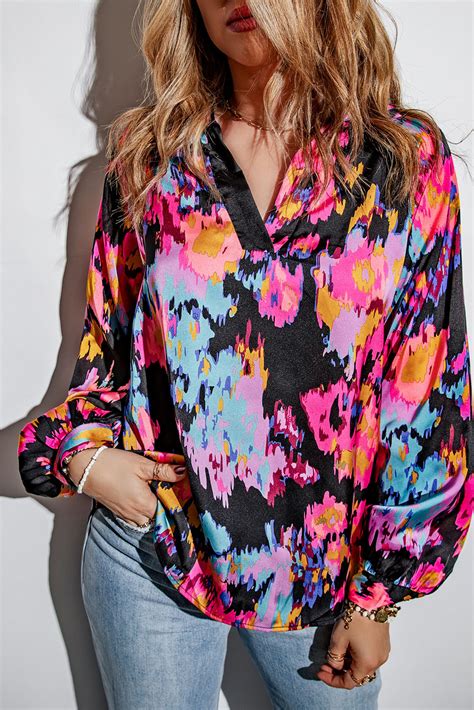 Us 698 Black Purple Graffiti Printed V Neck Puff Sleeve Blouse