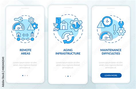 Rural Electrification Obstacles Blue Onboarding Mobile App Screen Walkthrough 3 Steps Graphic