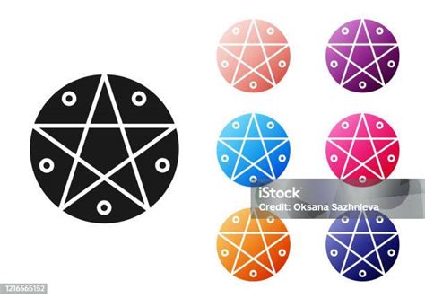 白色背景上隔離的圓形圖示中的黑色五角星魔法神秘星號設置圖示五顏六色向量插圖向量圖形及更多五角星圖片 五角星 哥德式 圓形 Istock