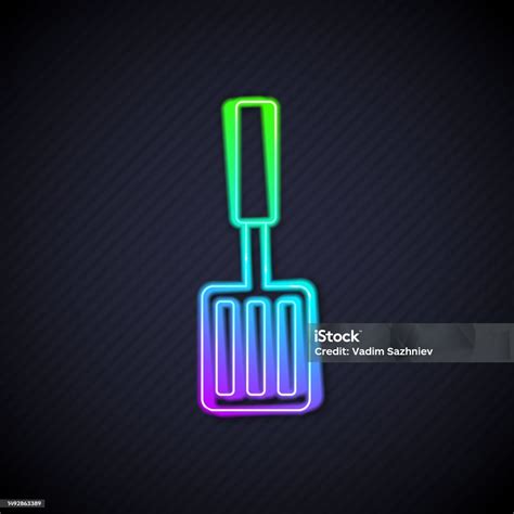 검은 색 배경에 고립 된 빛나는 네온 라인 바베큐 주걱 아이콘 부엌 주걱 아이콘 바베큐 주걱 기호 바베큐 및 그릴 도구 벡터 가정 생활에 대한 스톡 벡터 아트 및 기타