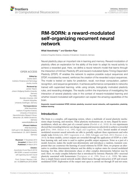 Pdf Rm Sorn A Reward Modulated Self Organizing Recurrent Neural Network