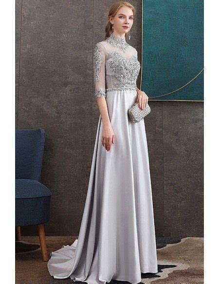 Beaded High Neck Long Grey Satin Formal Dress Elegant With Sheer Half