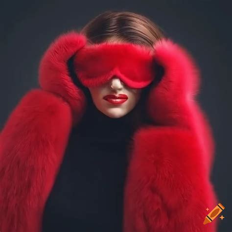 Woman Wearing A Red Fur Coat And Sleep Mask On Craiyon
