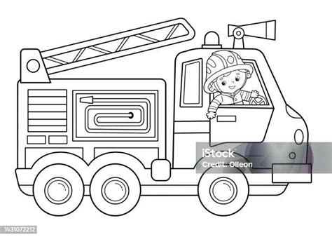 ระบายสีหน้าเค้าร่างของรถดับเพลิงการ์ตูนกับพนักงานดับเพลิงหรือนักผจญเพลิง การขนส่งอย่าง ภาพประกอบ
