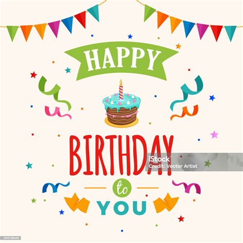 당신에 게 생일 축 하 배경 벡터 파티 플래그와 색종이 조각 장식으로 생일 케이크 그림 인사말 배너 배경 포스터 템플릿 다채로운 인사말 카드 디자인 0명에 대한 스톡 벡터