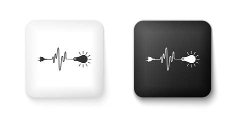흰색 배경에 격리 된 흑백 와이어 플러그 및 전구 아이콘 하트 비트의 형태로 플러그 램프 및 코드를 연결합니다 전기 및 조명의 개념 정사각형 버튼입니다 벡터 창의력에 대한