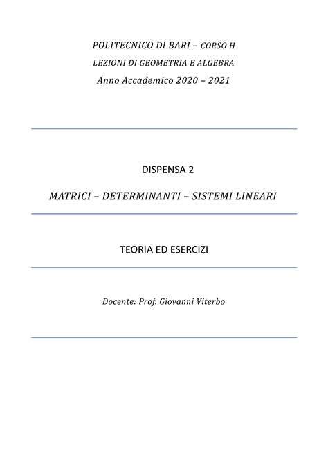 Dispensa 2 Matrici Determinanti Sistemi Lineari Politecnico Di