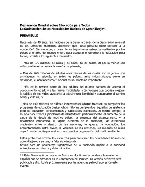Declaración Mundial Sobre Educación Para Todos