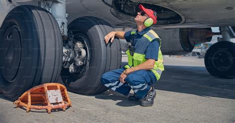 선글라스와 헤드폰을 착용한 심각한 항공기 정비사가 비행기 아래 헌치에 앉아 있습니다 사진 Unsplash의 한 사람 이미지