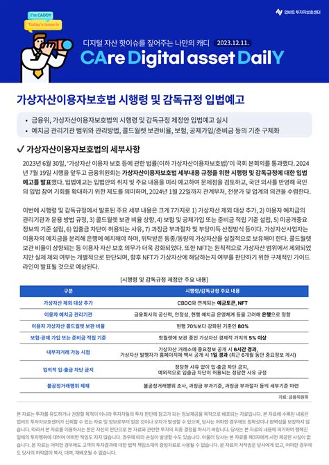 캐디 231211 가상자산이용자보호법 시행령 및 감독규정 입법예고 업비트 투자자보호센터