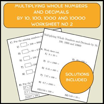 Multiplying Whole Numbers And Decimals By 10 100 1000 And 10000 Worksheet No 2