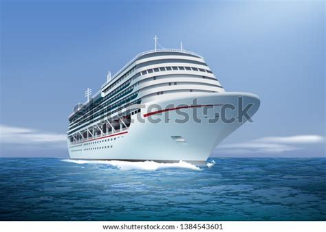 Vector Realistic Illustration Of Big White Cruise Ship At Ocean Or Sea