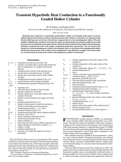 Pdf Transient Hyperbolic Heat Conduction In A Functionally Graded Hollow Cylinder