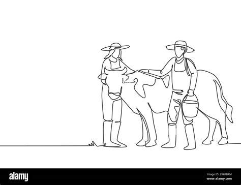 Continuous One Line Drawing Male Farmer Rubbing The Cow While Carrying