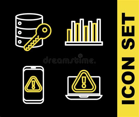 Set Line Pie Chart Infographic Laptop With Exclamation Mark Mobile And Server Security Key