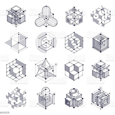 형상 기술 벡터 흑백 그림 세트 3d 기술 벽지 엔지니어링 시스템 추상적인 기술 배경 그림입니다 추상적인 기술 배경입니다 입방체에 대한 스톡 벡터 아트 및 기타 이미지