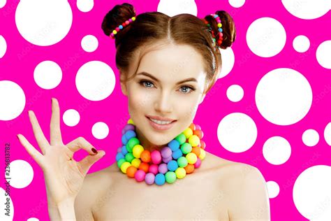 A Bright Girl Model Shows Okay Hand Fingers Beautiful Stylish Young