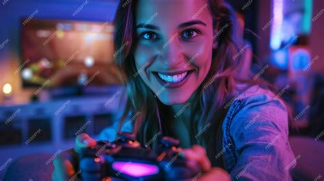 Close Up Shot Of The Smiling Beautiful Girl Gamer Holding A Game Controller Premium Ai