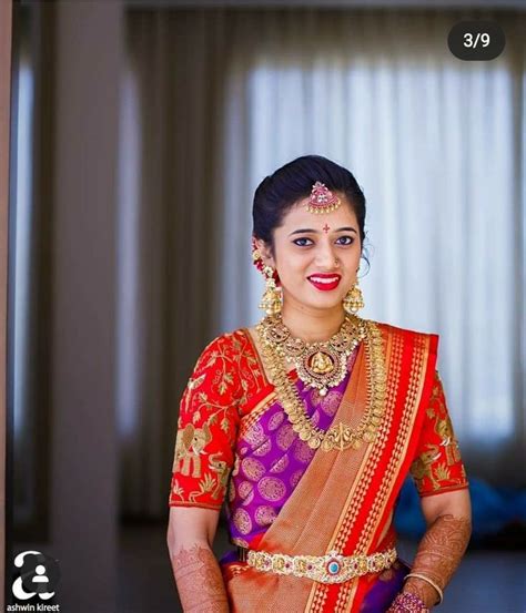 A Beautiful Telugu Bride In Purple And Big Red Border Kanjeevaram Silk