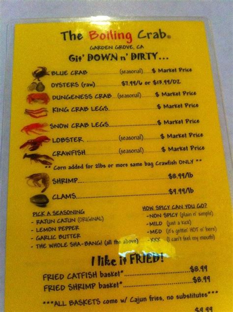 Menu At The Boiling Crab Restaurant Garden Grove Brookhurst St