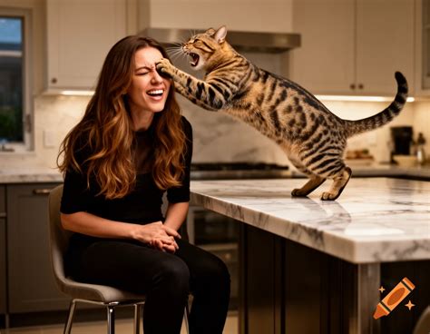 A Photorealistic Image Of A Woman Laughing As A Tabby Cat Appears To