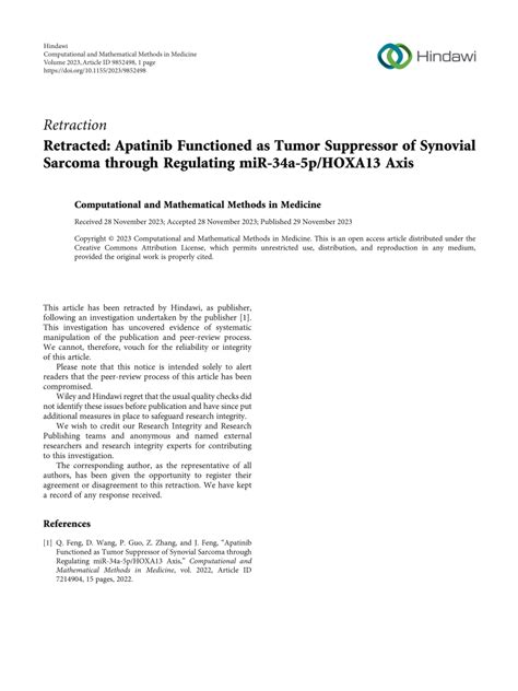 Pdf Retracted Apatinib Functioned As Tumor Suppressor Of Synovial Sarcoma Through Regulating