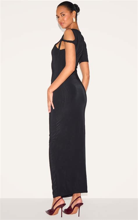 Black Slinky Twist Shoulder Midaxi Dress Dresses Prettylittlething