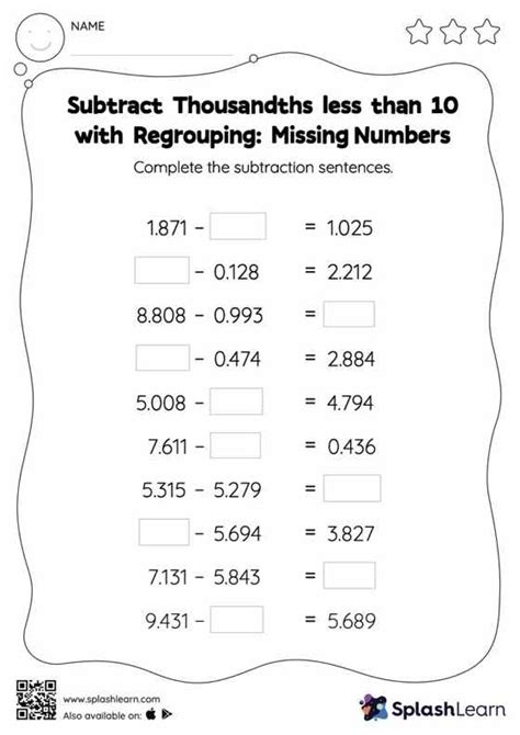 Subtract Thousandths Less Than 10 With Regrouping Missing Numbers Worksheet Printable Maths Sheet