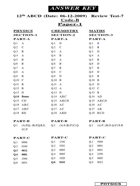 Answer Key 12 Abcd Date 06 12 2009 Review Test 7 Code B Paper 1 Pdf