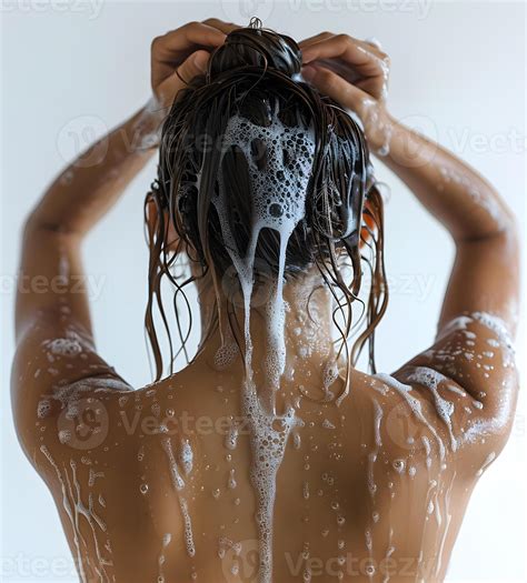 Woman Showering With Soap Suds Lather On Back And Hair 57388724 Stock