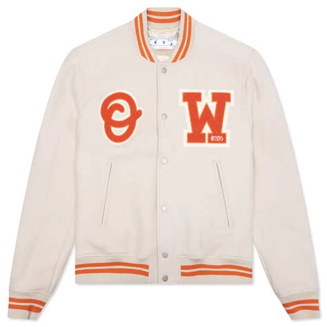 Off White Ow Patch Cream Varsity Jacket Usa Varsity Jacket