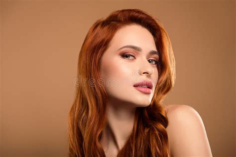 Photo Of Attractive Stunning Woman Sensual Model Face Naked Shoulders On Beige Color Background