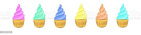 크림컵케이크 세트 제과의 색상 벡터 그림입니다 손으로 그린 흰색 배경에 격리 달콤한 디저트 패스트리 다양한 색상의 크림 머핀 개체 그룹에 대한 스톡 벡터 아트 및 기타