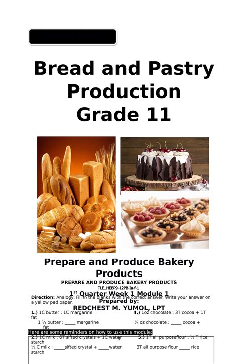 Bpp Module Week I Bread And Pastry Production Prepare And Produce Bakery Products Prepare