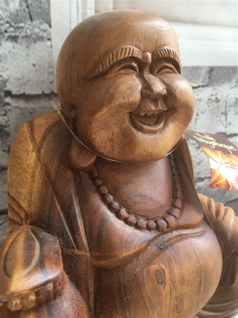 Balinese Feng Shui Hand Carved Lucky Buddha Wood Statue Bali Mystique