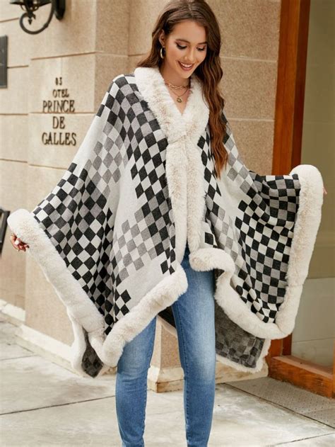 Checkered Faux Fur Trim Poncho Knitted Cape Fur Trim Pullover Poncho