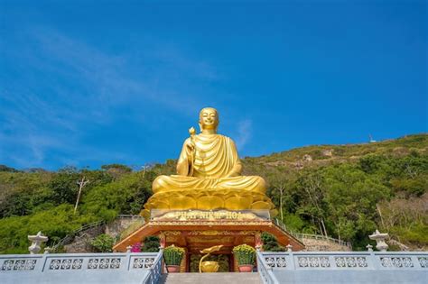 Ariel Vue Golden Buddha Statue S Hand Holding Lotus Au Monast Re De