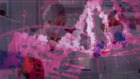 Two Women Scientists Collaborating On Lab Bench Examining Test Tube With Dna Helix And Grid