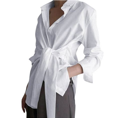 Brkewi Womens Long Sleeve Tie Front Button Down V Neck Blouse Loose