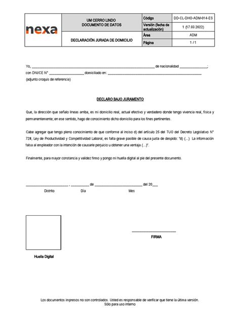 Declaración Jurada De Domicilio Pdf